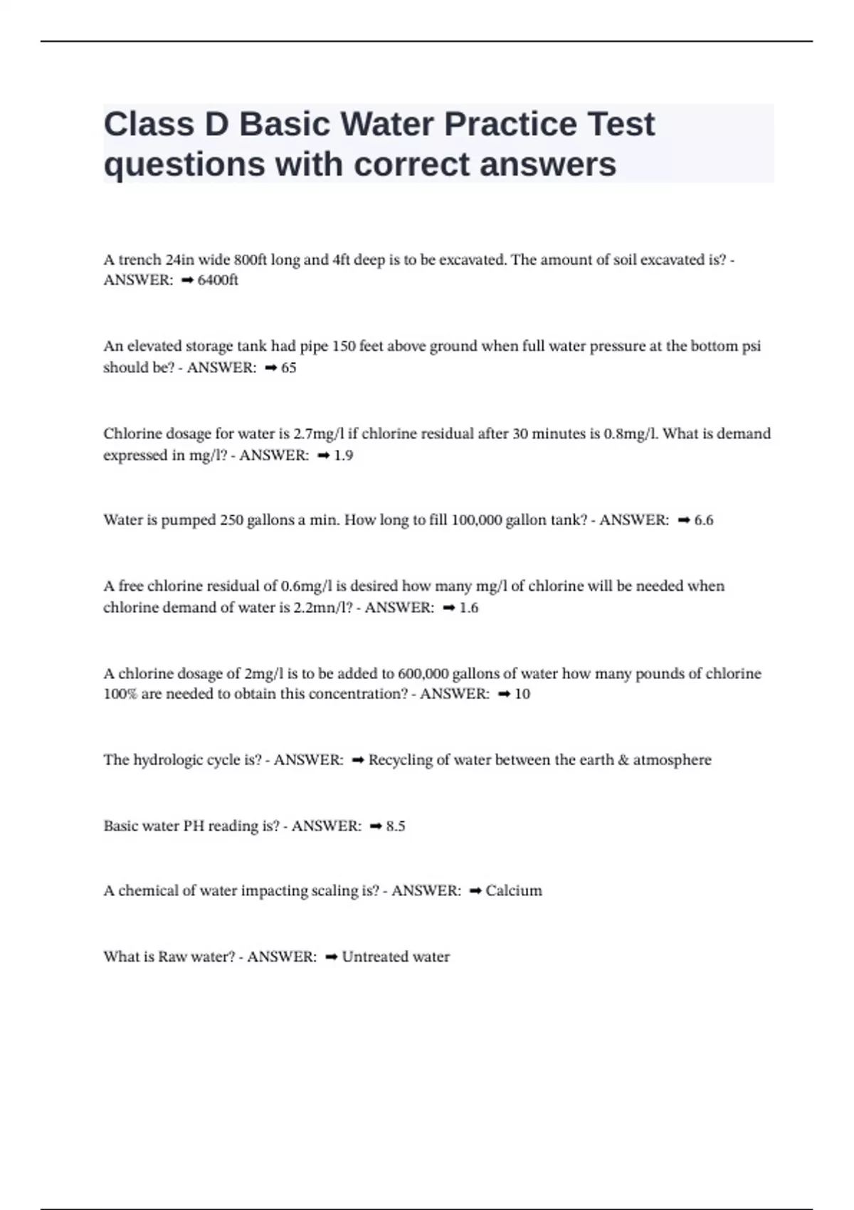 Class D Basic Water Practice Test questions with correct answers ...