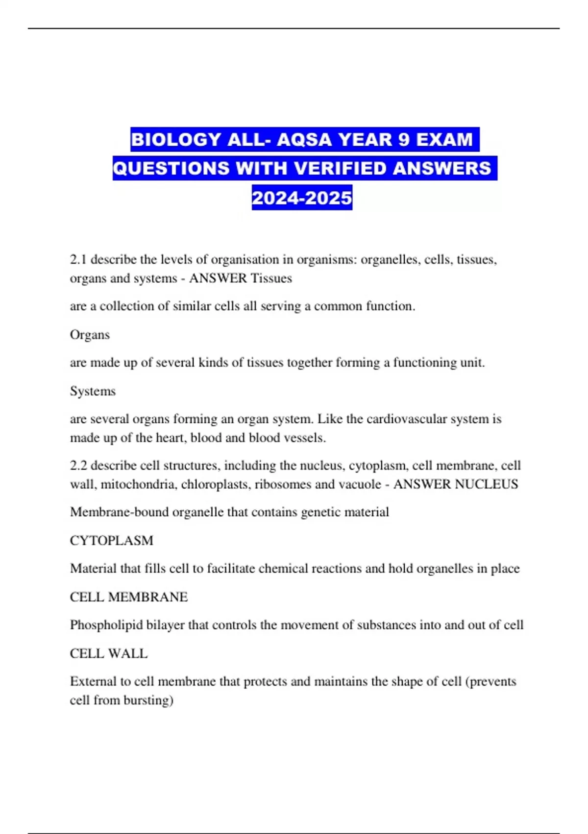 BIOLOGY ALL- AQSA YEAR 9 EXAM QUESTIONS WITH VERIFIED ANSWERS - BIOLOGY ...