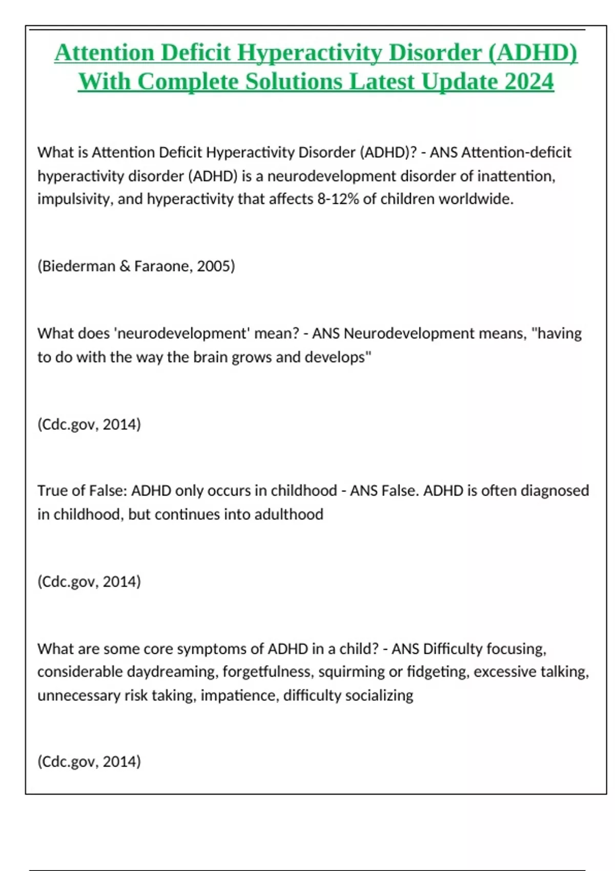 Attention Deficit Hyperactivity Disorder (ADHD) With Complete Solutions ...
