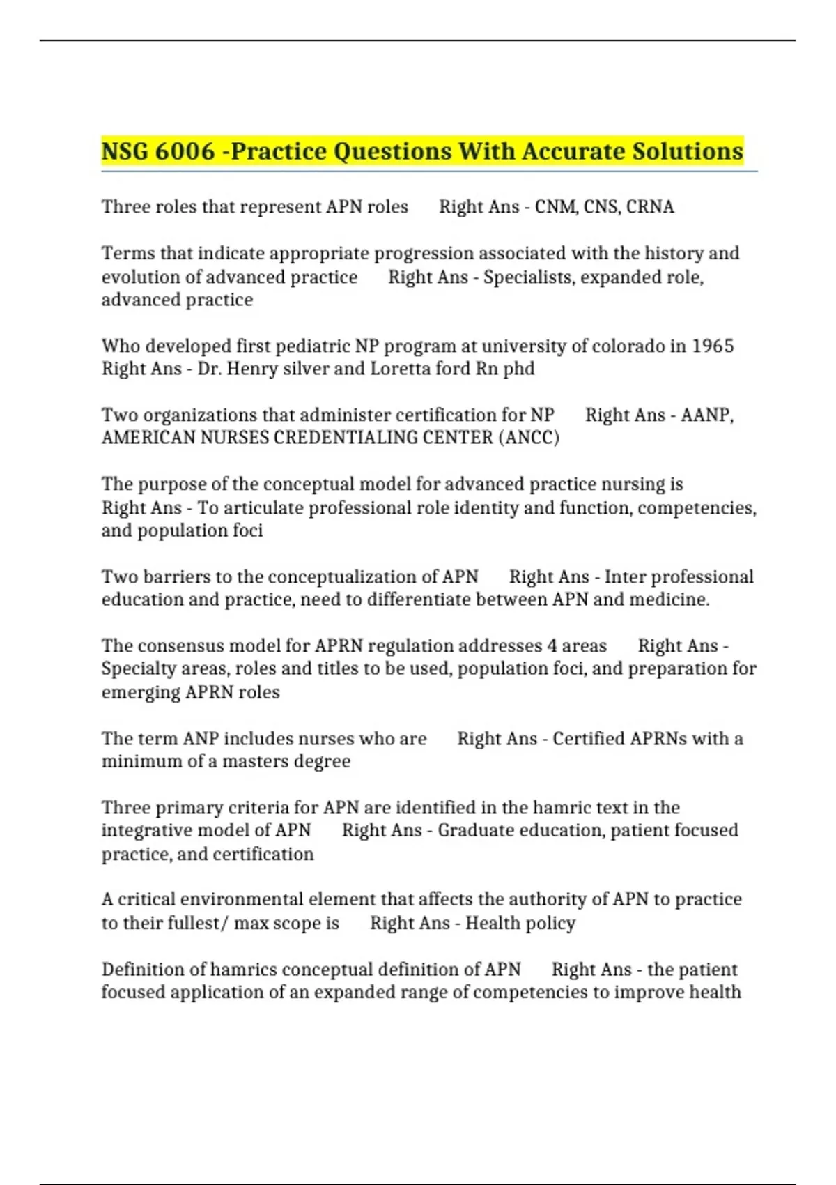 NSG 6006 -Practice Questions With Accurate Solutions - NSG6006* - Stuvia US