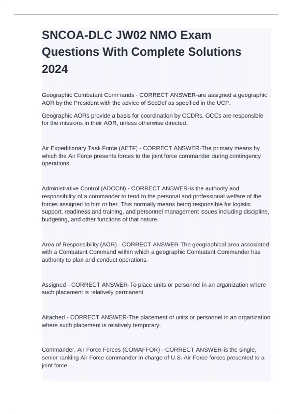 SNCOA-DLC JW02 NMO Exam Questions With Complete Solutions 2024 - SNCOA ...