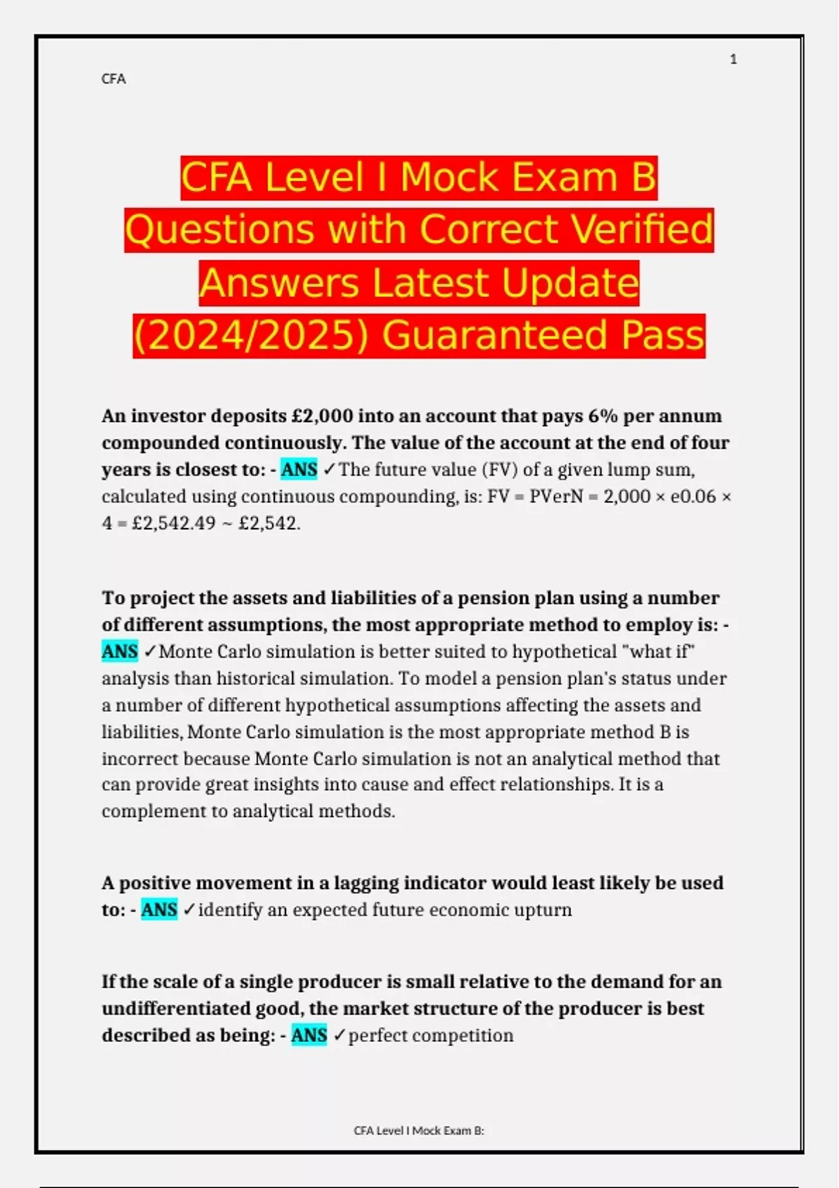 CFA Level I Mock Exam B Questions with Correct Verified Answers Latest ...