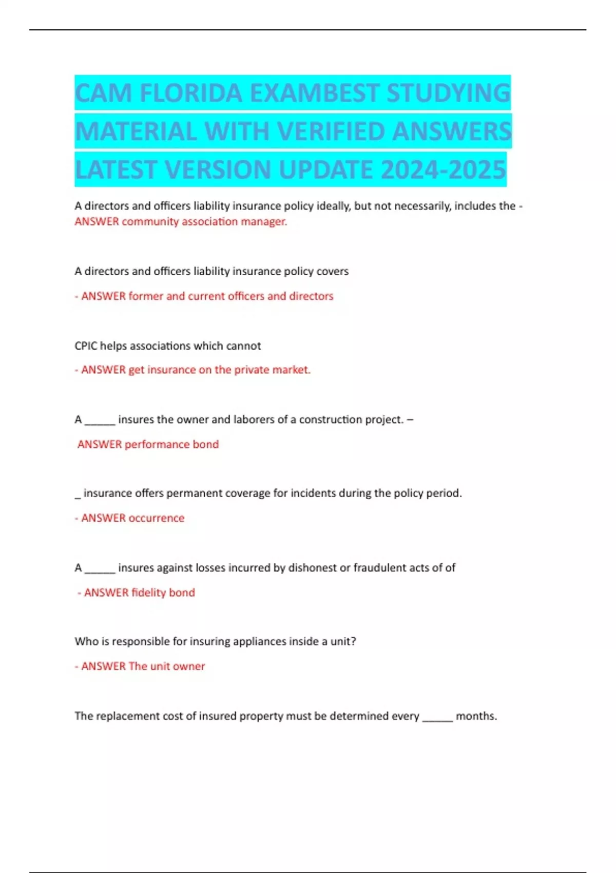 CAM FLORIDA EXAM BEST STUDYING MATERIAL WITH VERIFIED ANSWERS LATEST ...