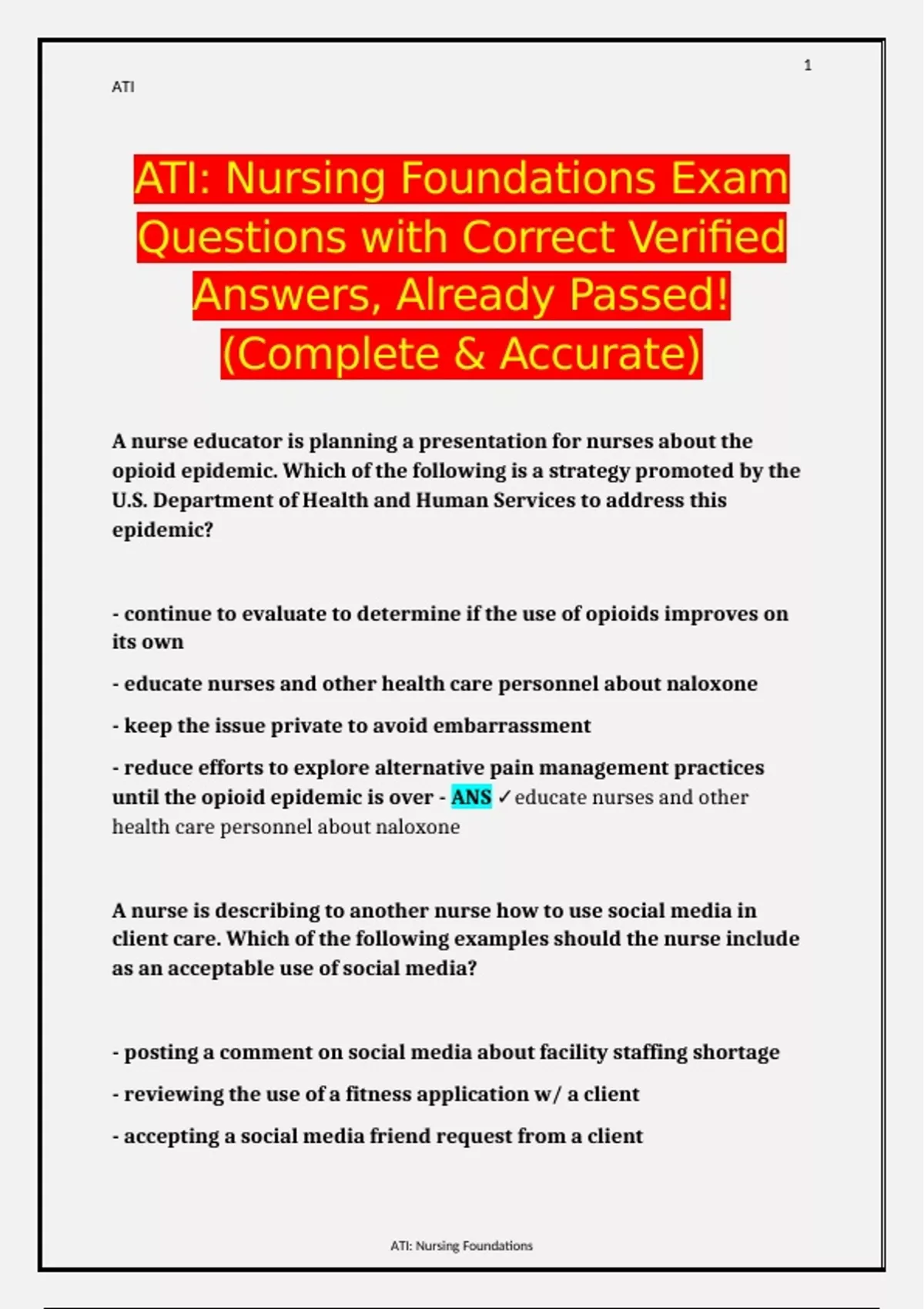 ATI: Nursing Foundations Exam Questions with Correct Verified Answers ...