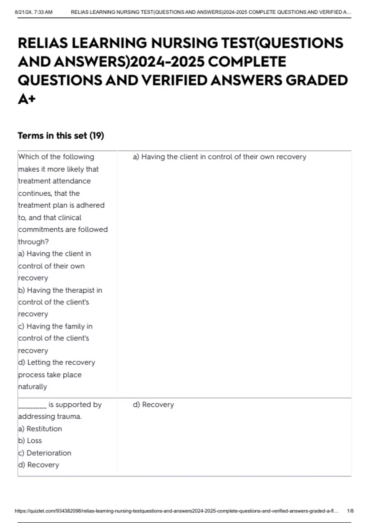 RELIAS LEARNING NURSING TEST(QUESTIONS AND ANSWERS) COMPLETE QUESTIONS ...