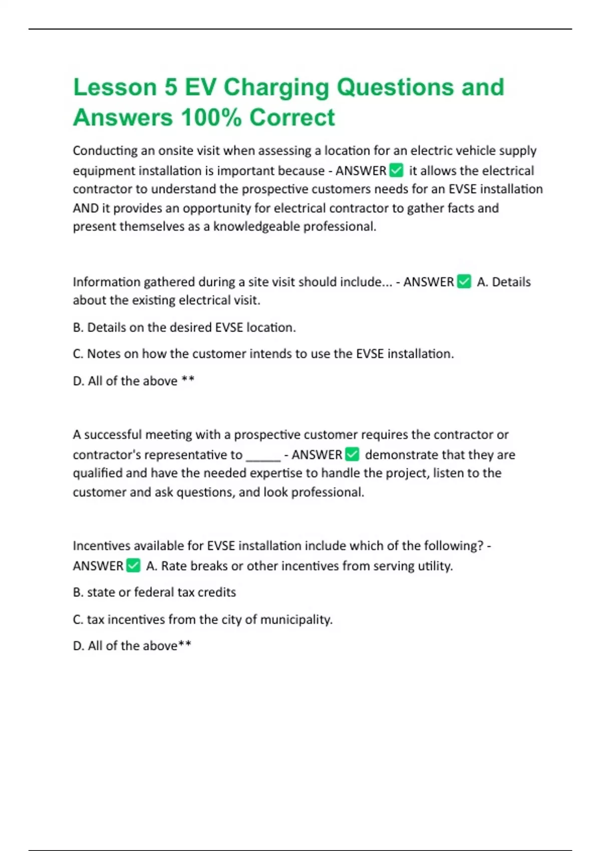Lesson 5 EV Charging Questions and Answers 100% Correct - EVITP - Stuvia US
