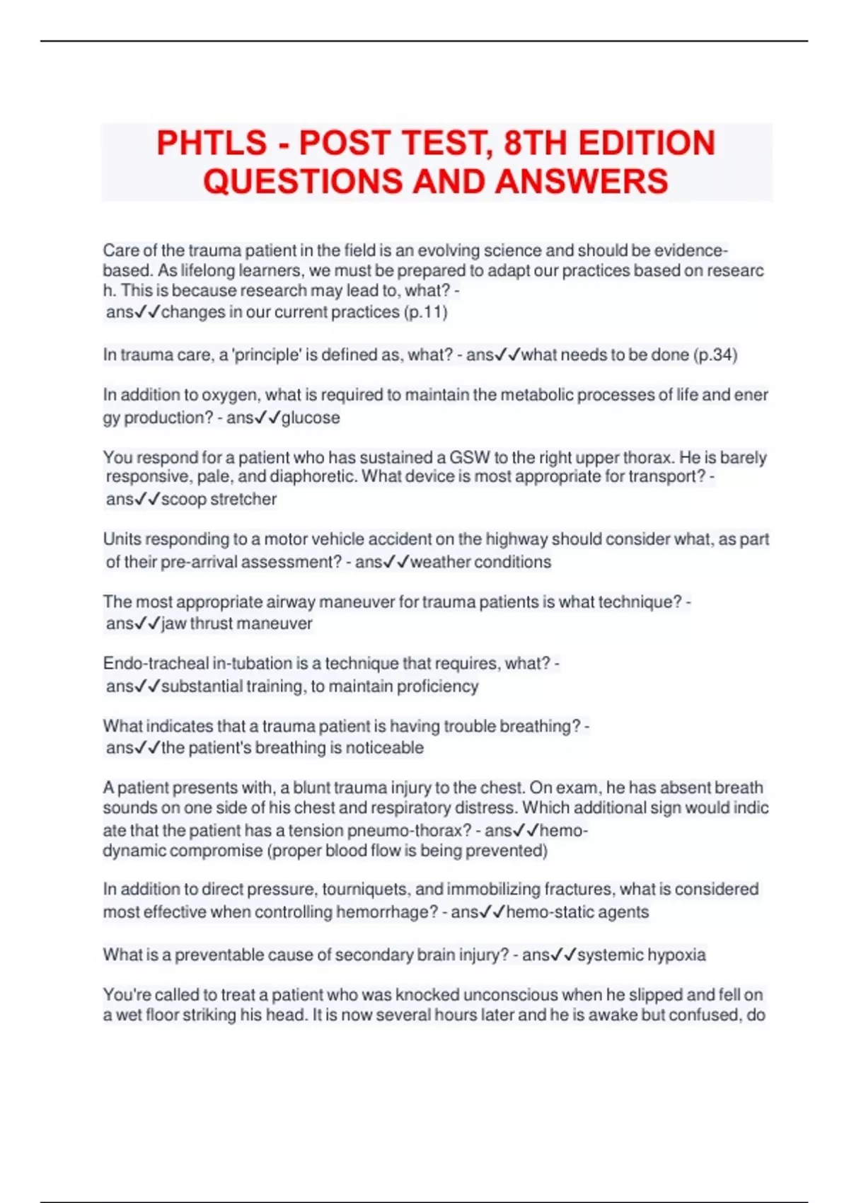 PHTLS - POST TEST, 8TH EDITION QUESTIONS AND ANSWERS - PHTLS - Stuvia US