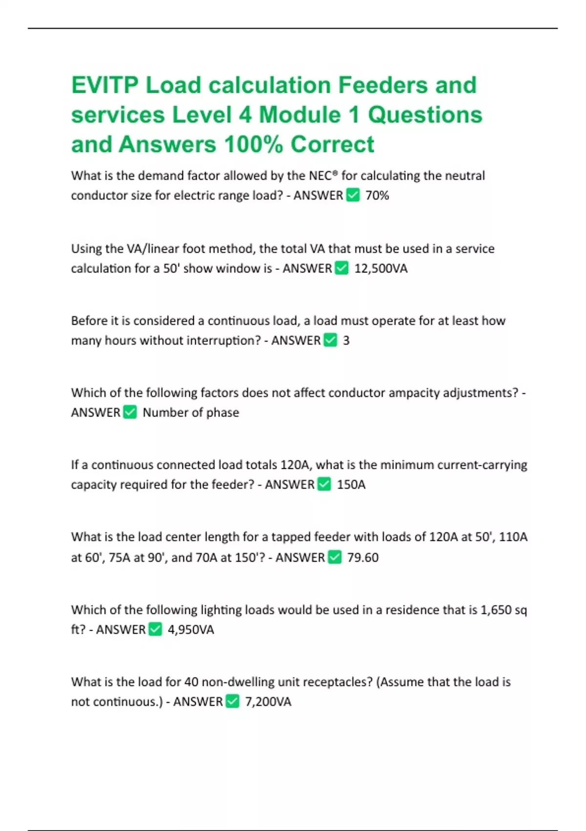 EVITP Load calculation Feeders and services Level 4 Module 1 Questions ...