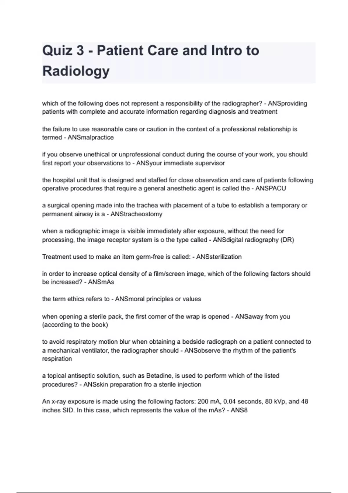 Quiz 3 - Patient Care and Intro to Radiology questions with correct ...