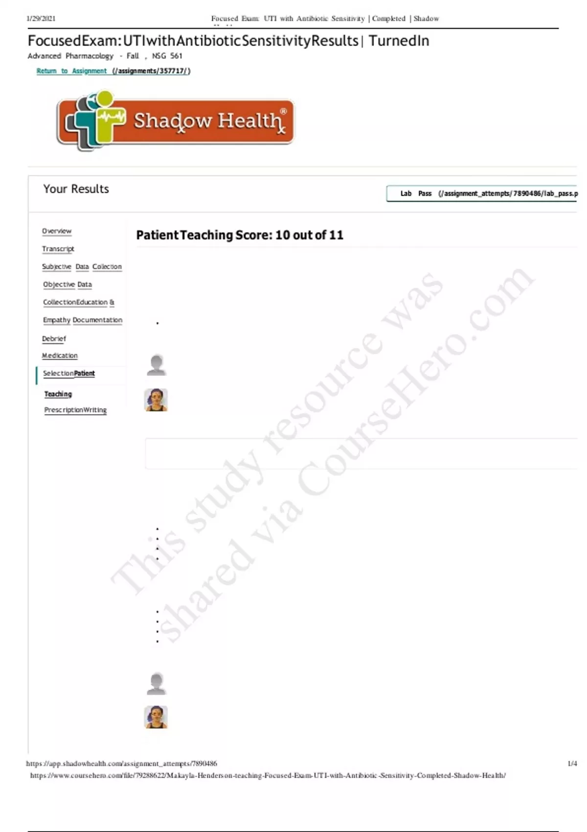 NSG 522 Mikayla Henderson Shadow Health; Focused Exam: UTI with ...