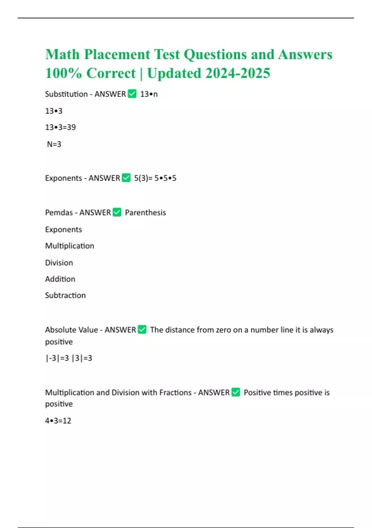 Math Placement Test Questions and Answers 100% Correct | Updated - Math ...