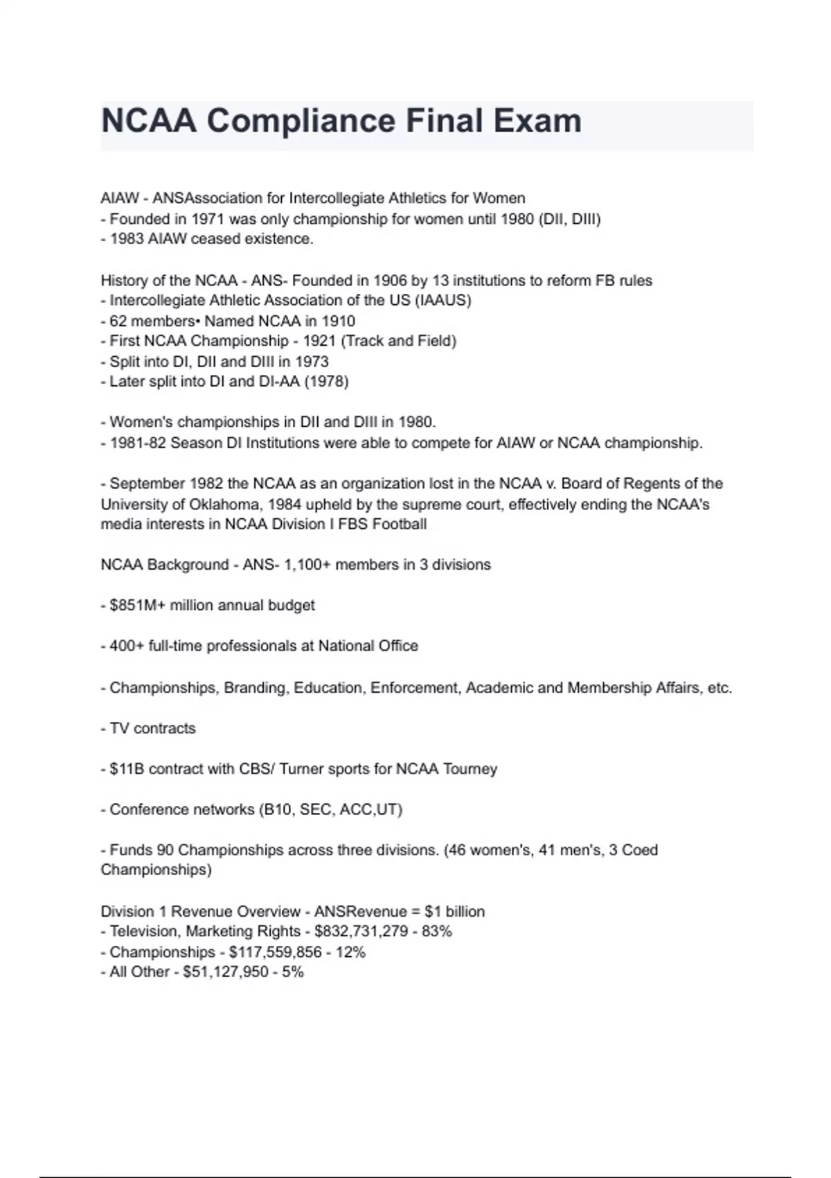 NCAA Compliance Final Exam questions and answers rated A+ 2024/2025 ...