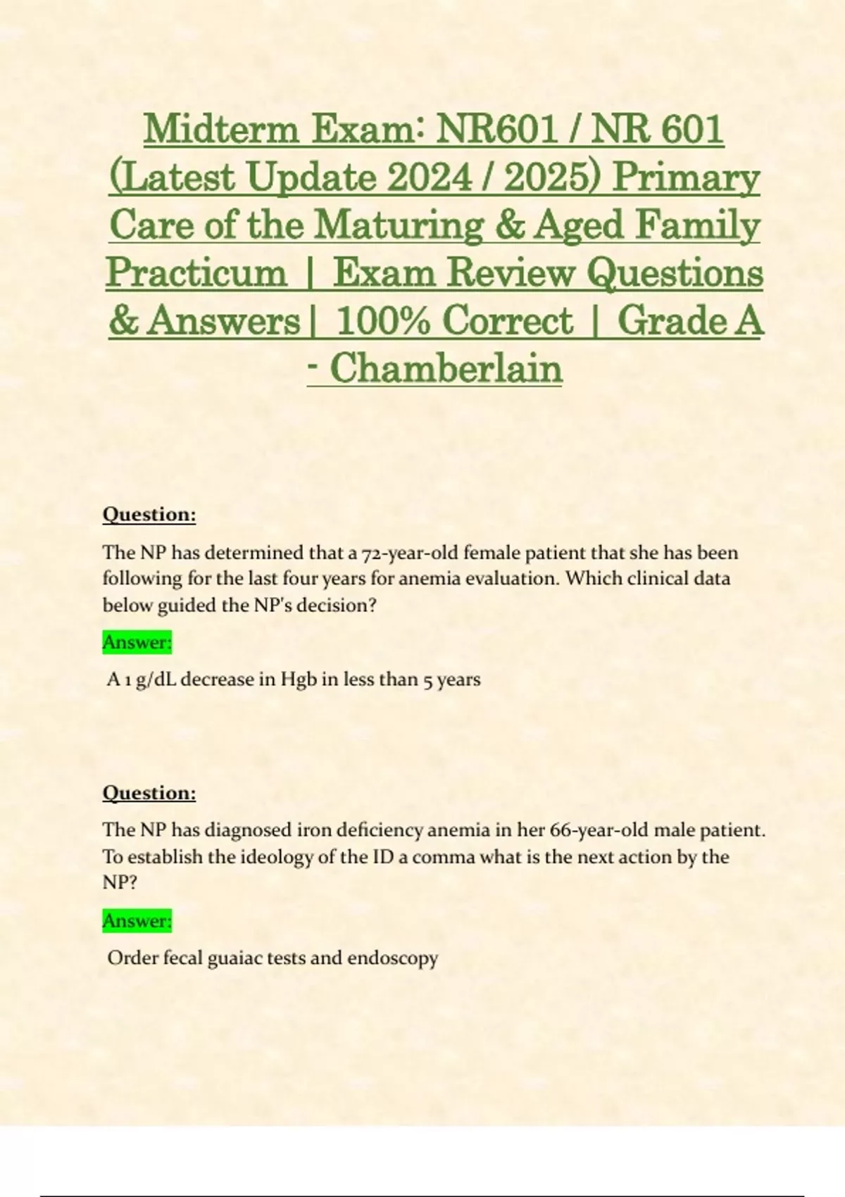 Midterm & Final Exam: NR601 / NR 601 Primary Care of the Maturing ...