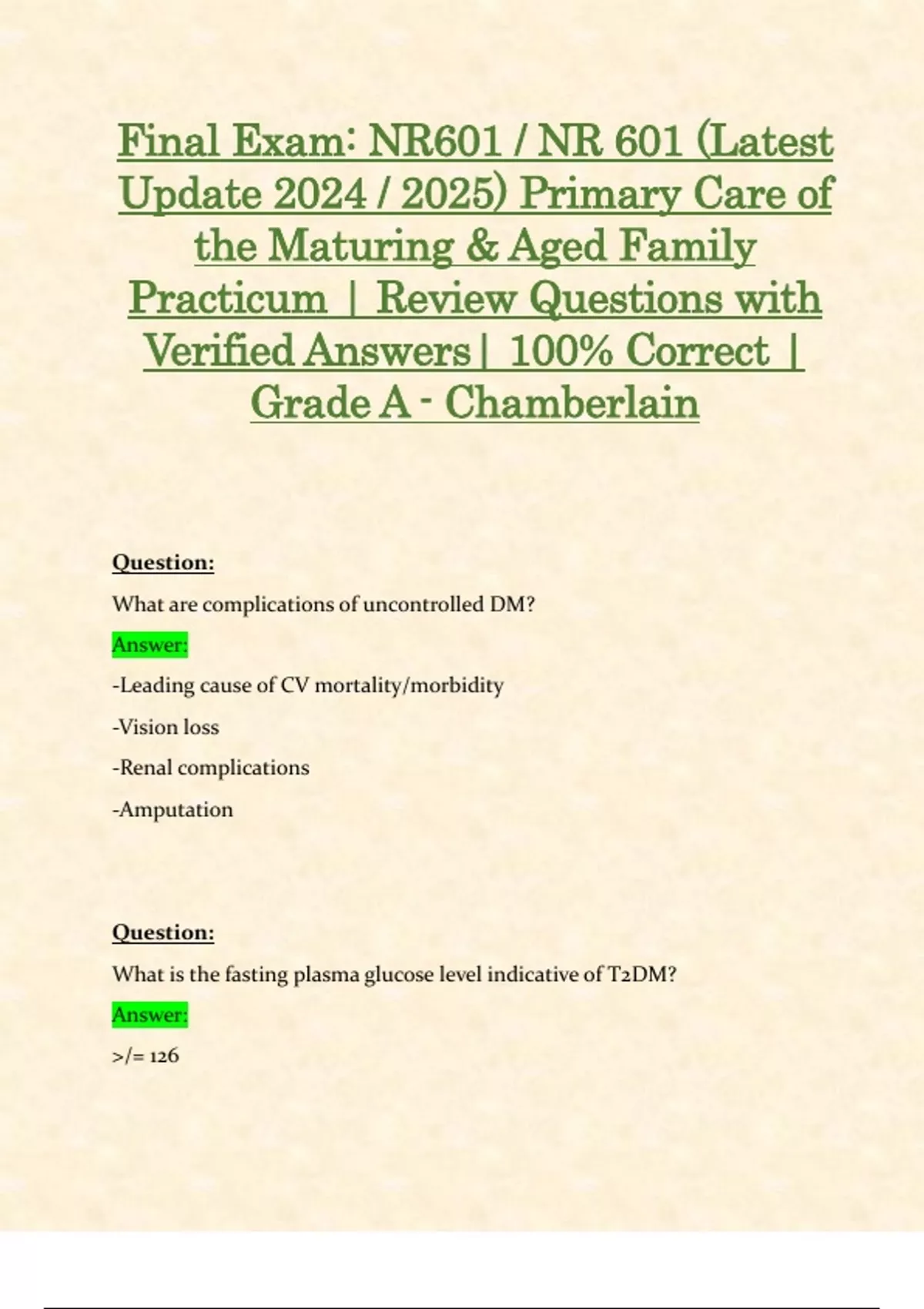 Final Exam: NR601 / NR 601 (Latest Update 2024 / 2025) Primary Care of ...