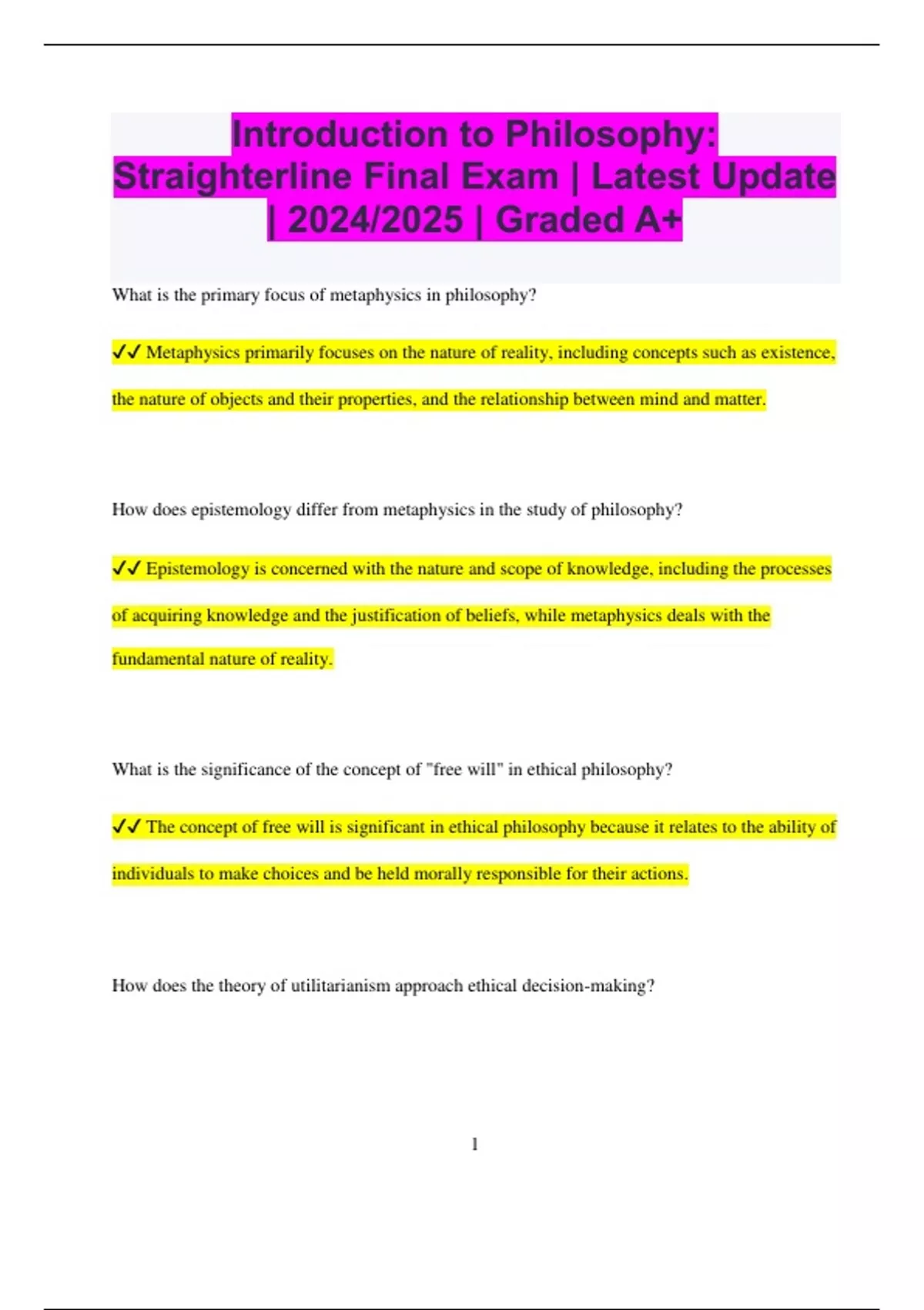 Introduction to Philosophy: Straighterline Final Exam | Latest Update ...