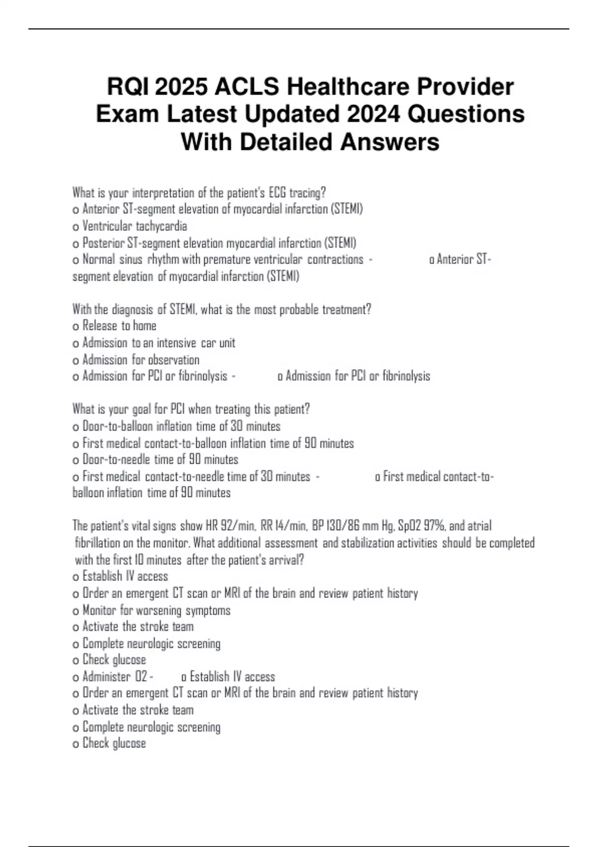 RQI 2025 ACLS Healthcare Provider Exam Latest Updated 2024 Questions ...