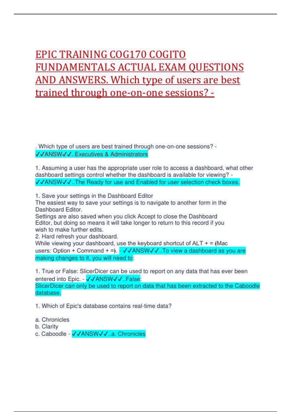 EPIC TRAINING COG170 COGITO FUNDAMENTALS ACTUAL EXAM QUESTIONS AND ...