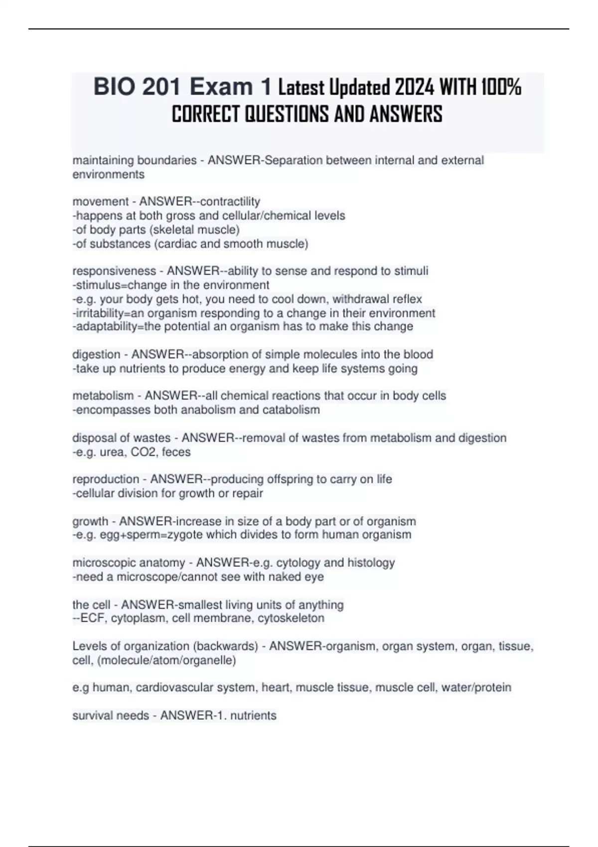 BIO 201 Exam 1 Latest Updated 2024 WITH 100- CORRECT QUESTIONS AND ...