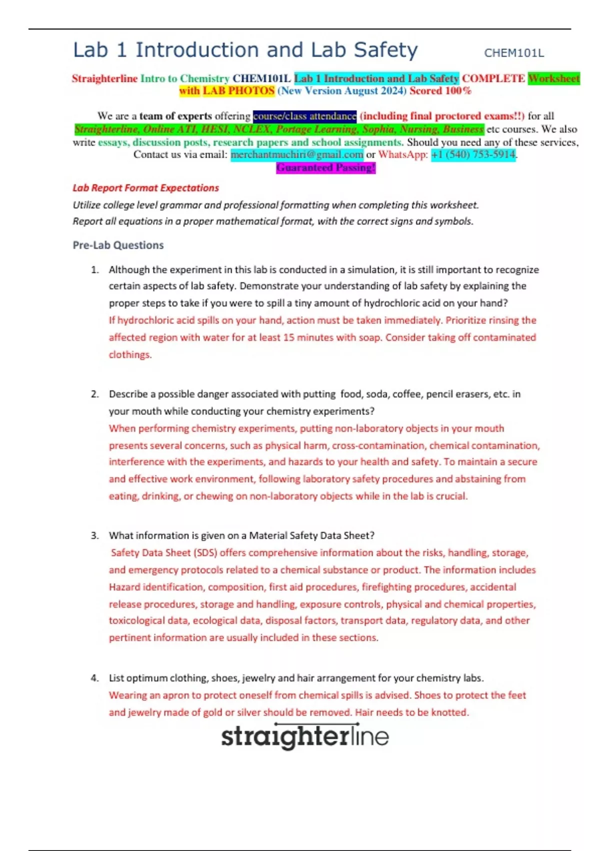 Straighterline General Chemistry 1 LAB CHEM101L Lab 1 Introduction and Lab Safety COMPLETE ...