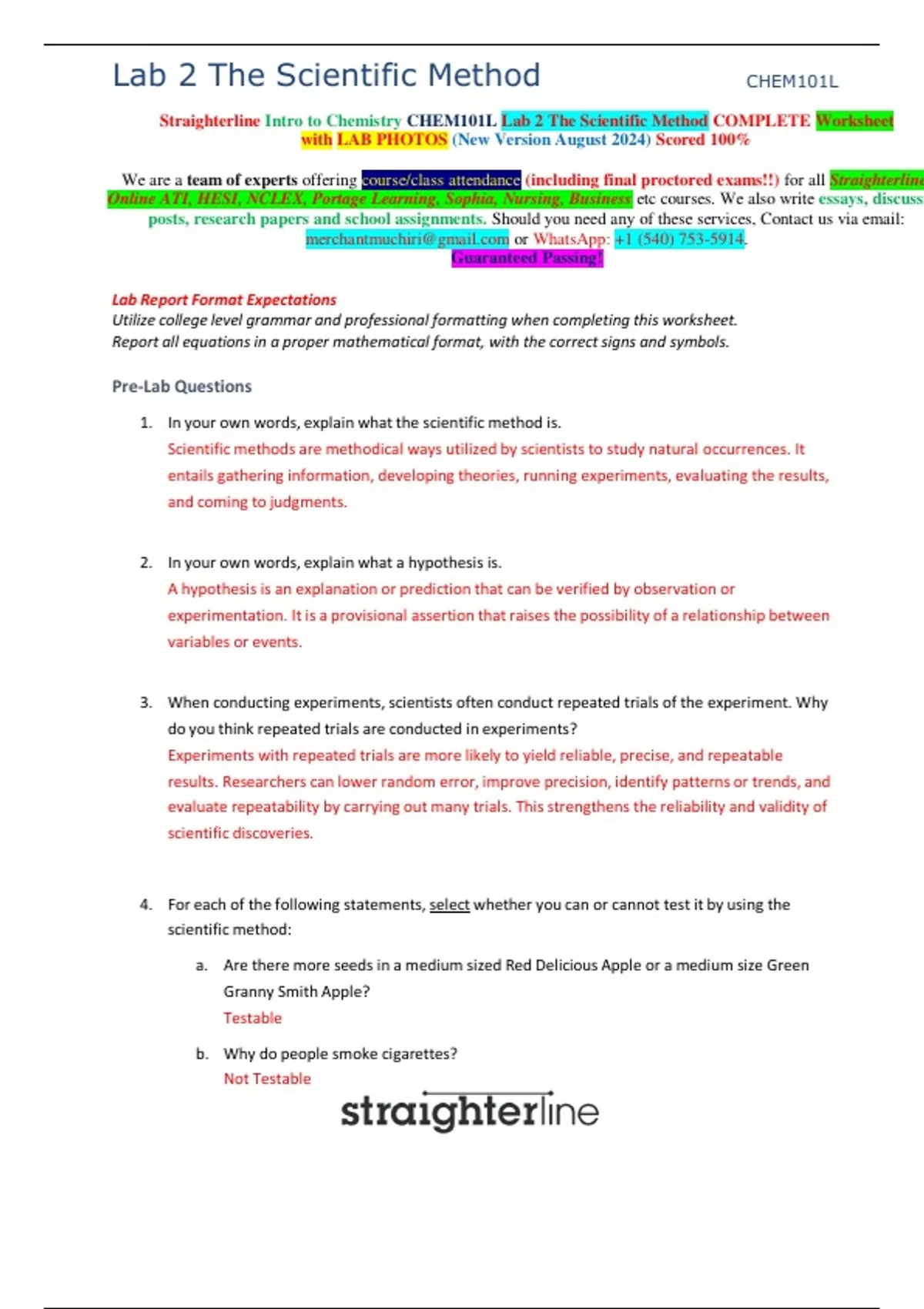 Straighterline General Chemistry 1 LAB CHEM101L Lab 2 The Scientific Method COMPLETE Worksheet ...