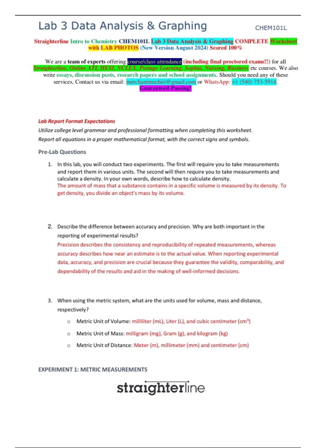 Straighterline General Chemistry 1 LAB CHEM101L Lab 3 Data Analysis & Graphing COMPLETE ...