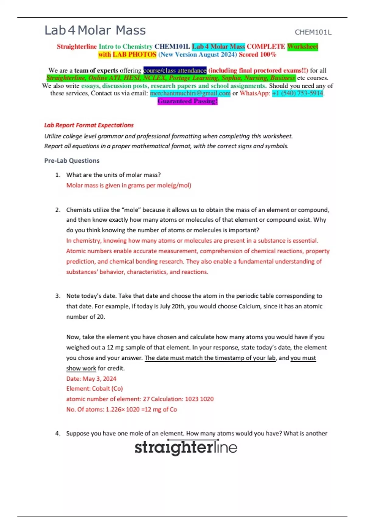 Straighterline General Chemistry 1 LAB CHEM101L Lab 4 Molar Mass ...
