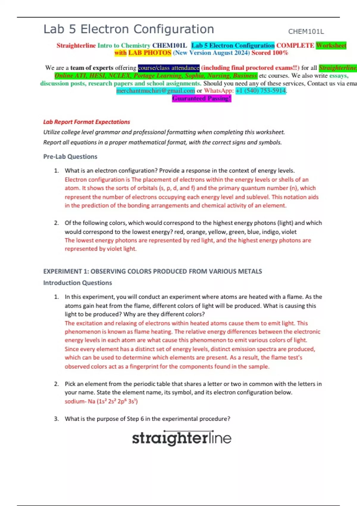 Straighterline General Chemistry 1 LAB CHEM101L Lab 5 Electron Configuration COMPLETE Worksheet ...