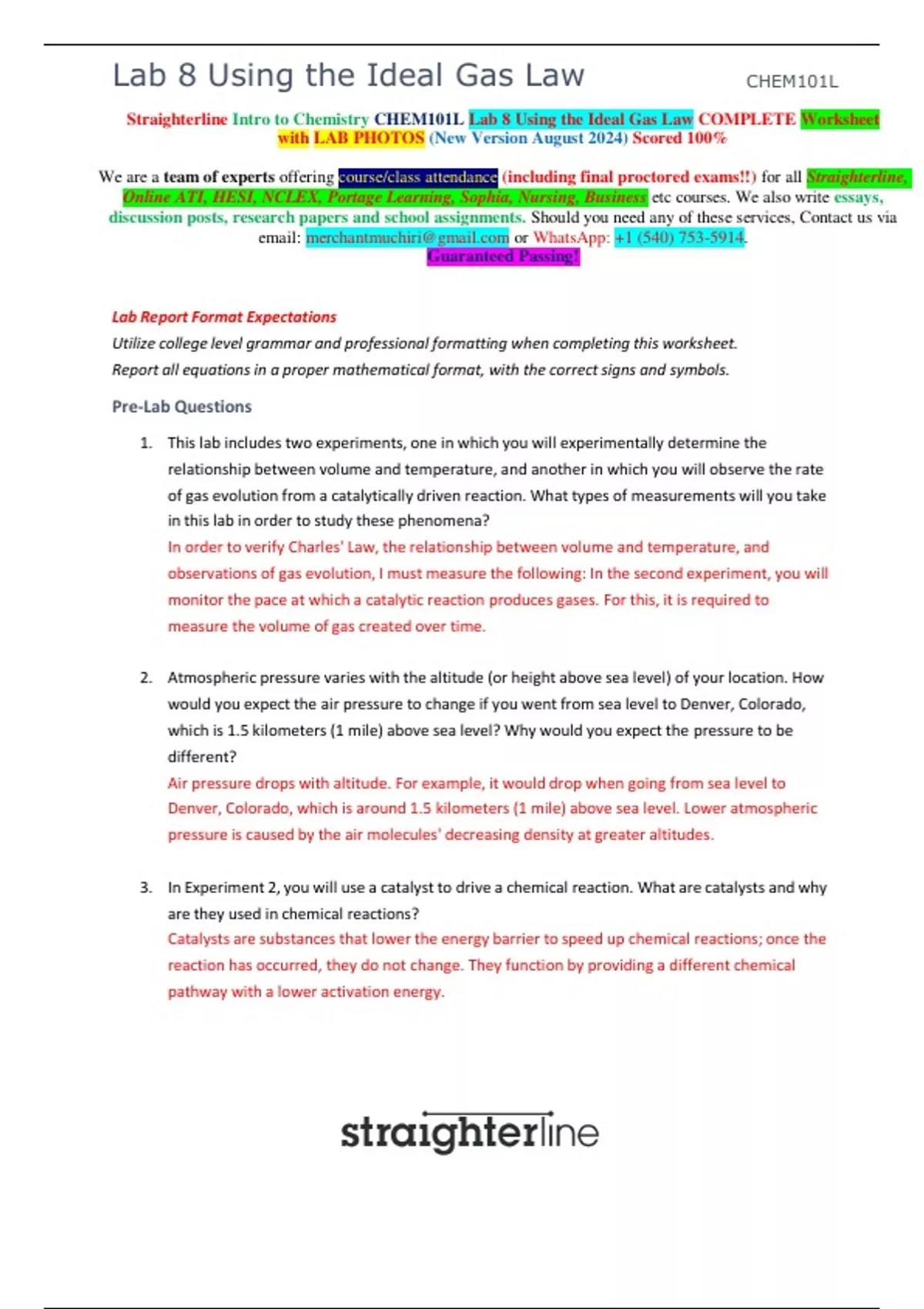 Straighterline General Chemistry 1 LAB CHEM101L Lab 8 Using the Ideal ...