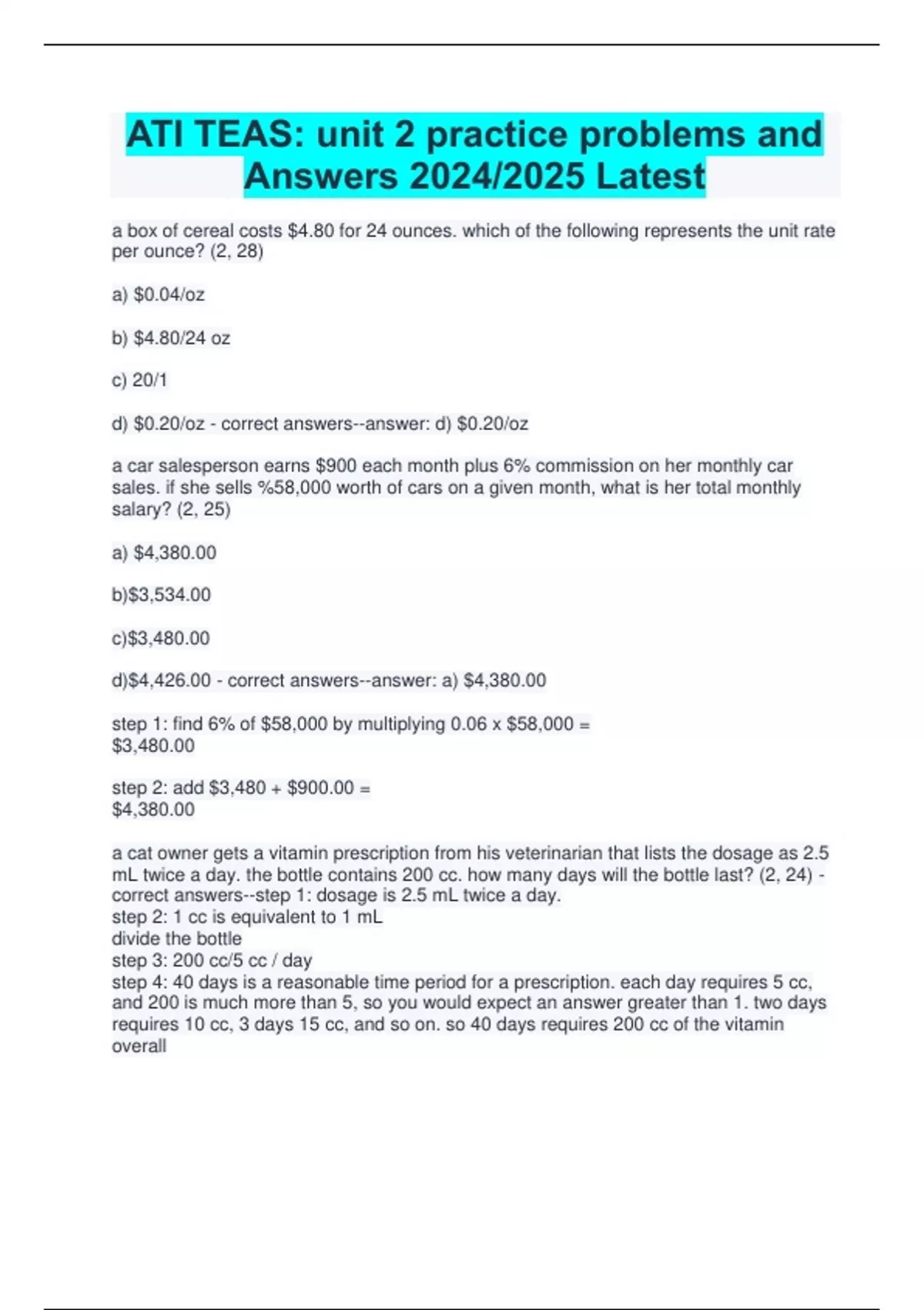 ATI TEAS: unit 2 practice problems and Answers 2024/2025 Latest - ATI ...