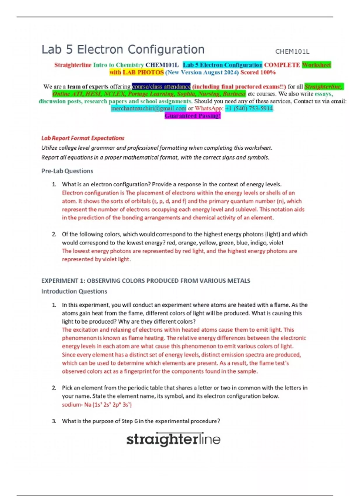 Straighterline Intro to Chemistry CHEM101L Lab 5 Electron Configuration ...