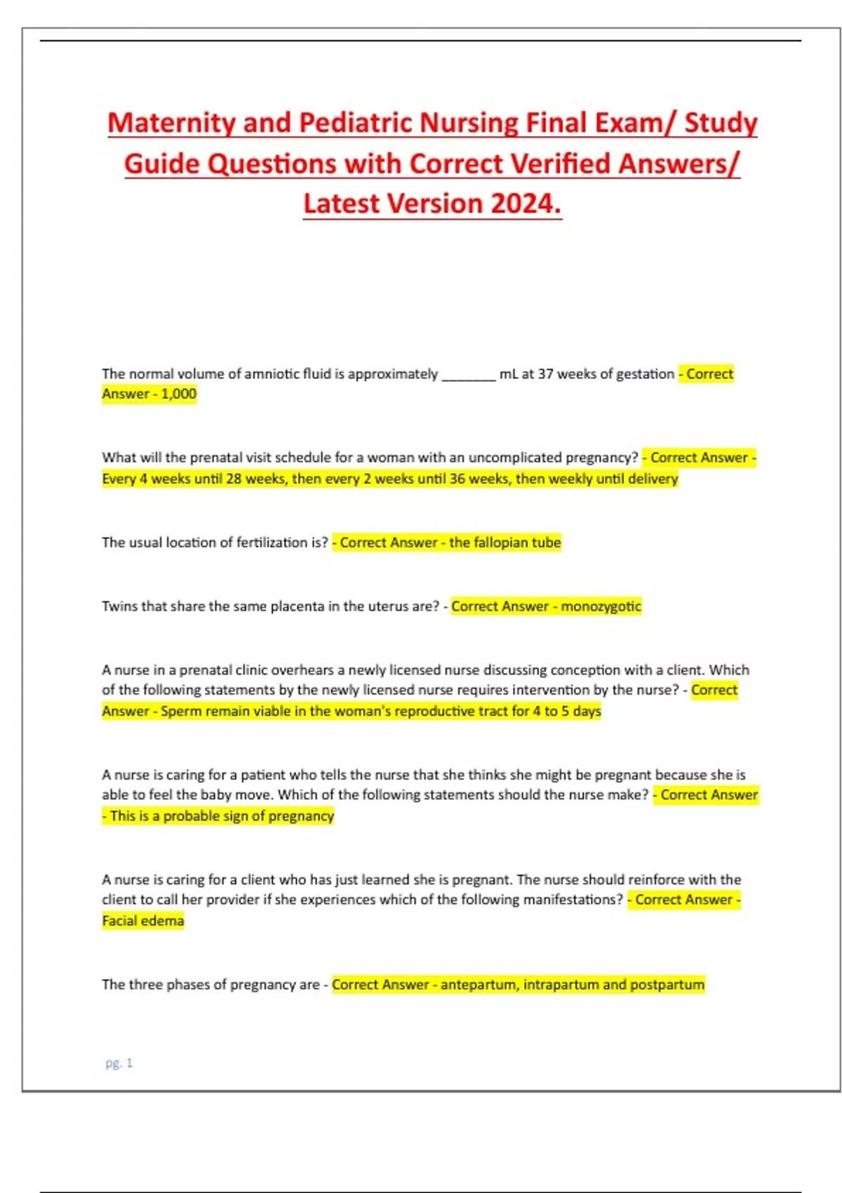 Maternity and Pediatric Nursing Final Exam/ Study Guide Questions with Correct Verified Answers ...