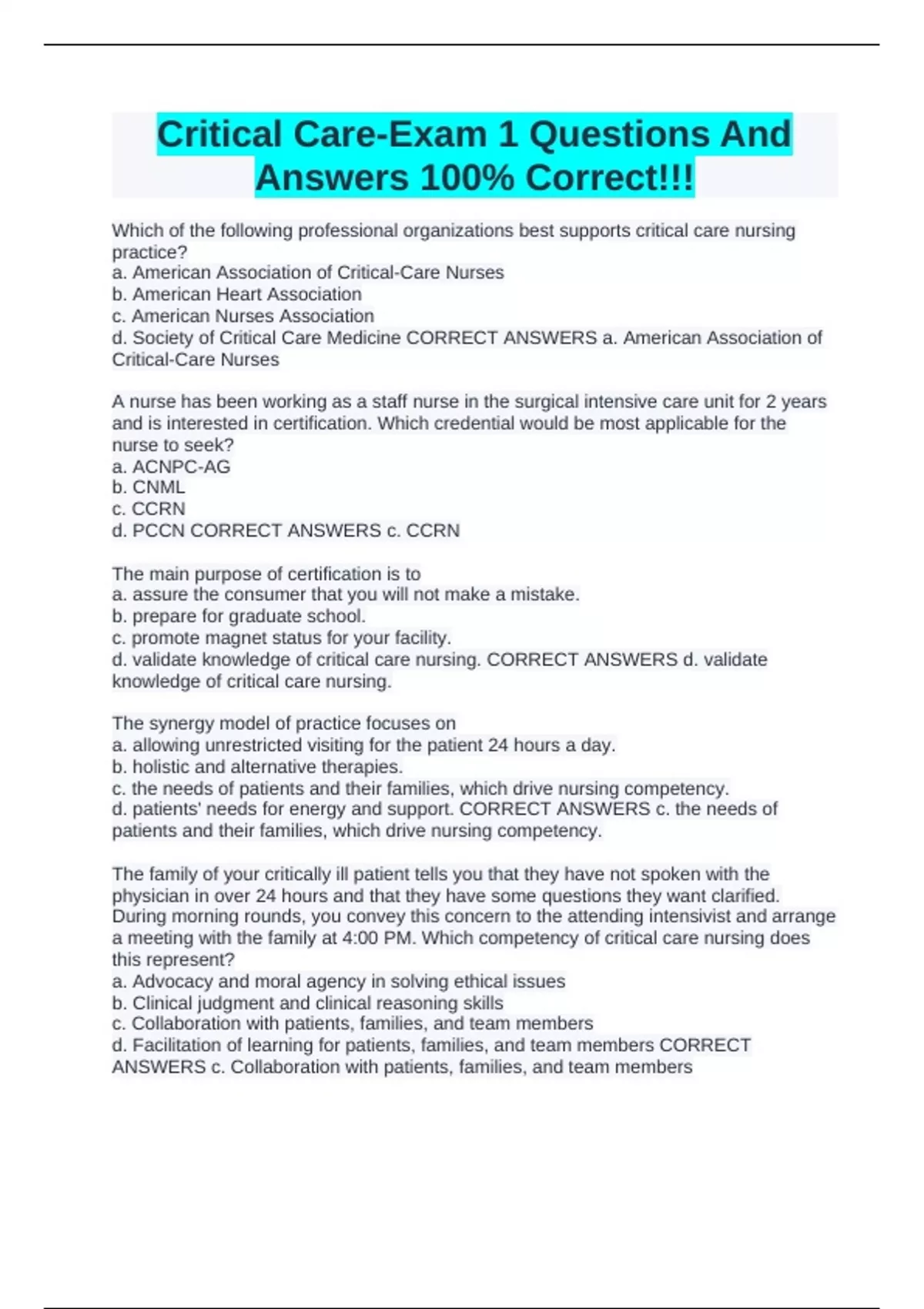 Critical Care-Exam 1 Questions And Answers 100% Correct!!! - Critical ...