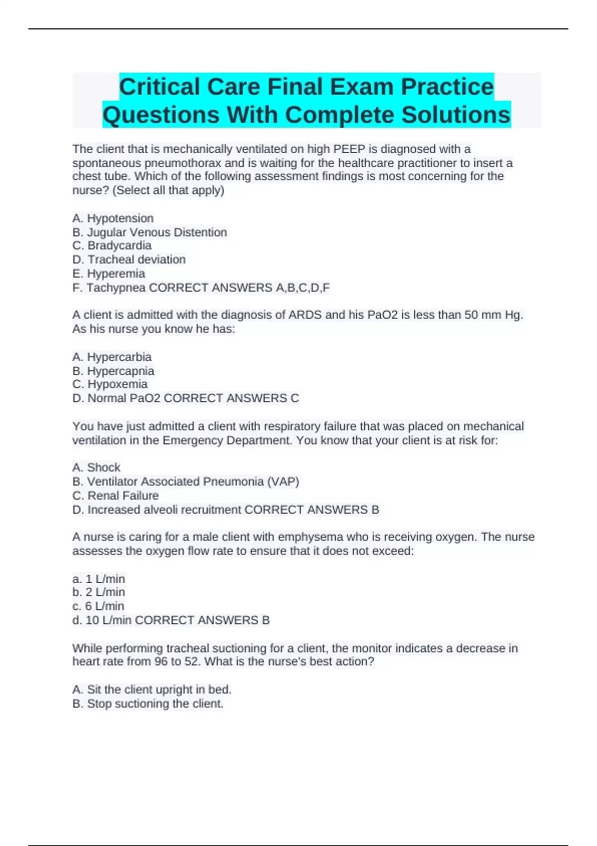 Critical Care Final Exam Practice Questions With Complete Solutions ...