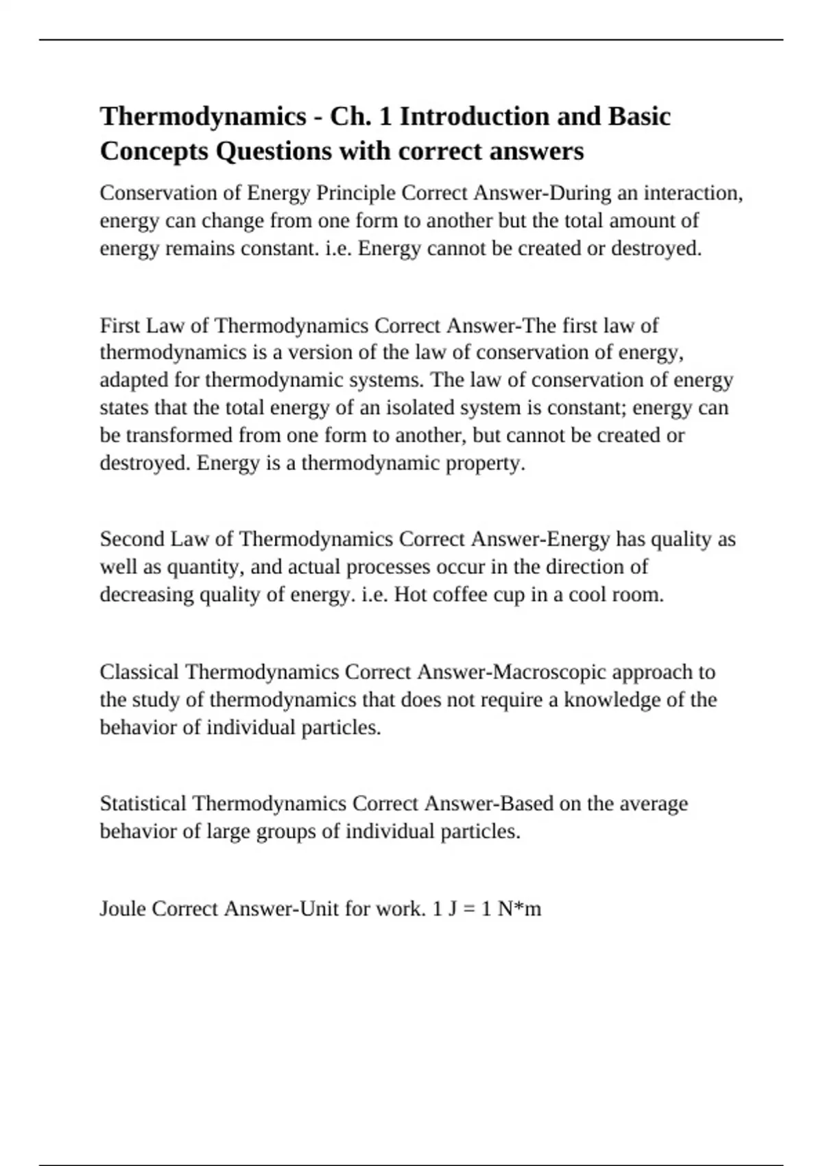 Thermodynamics - Ch. 1 Introduction and Basic Concepts Questions with correct answers - Power ...