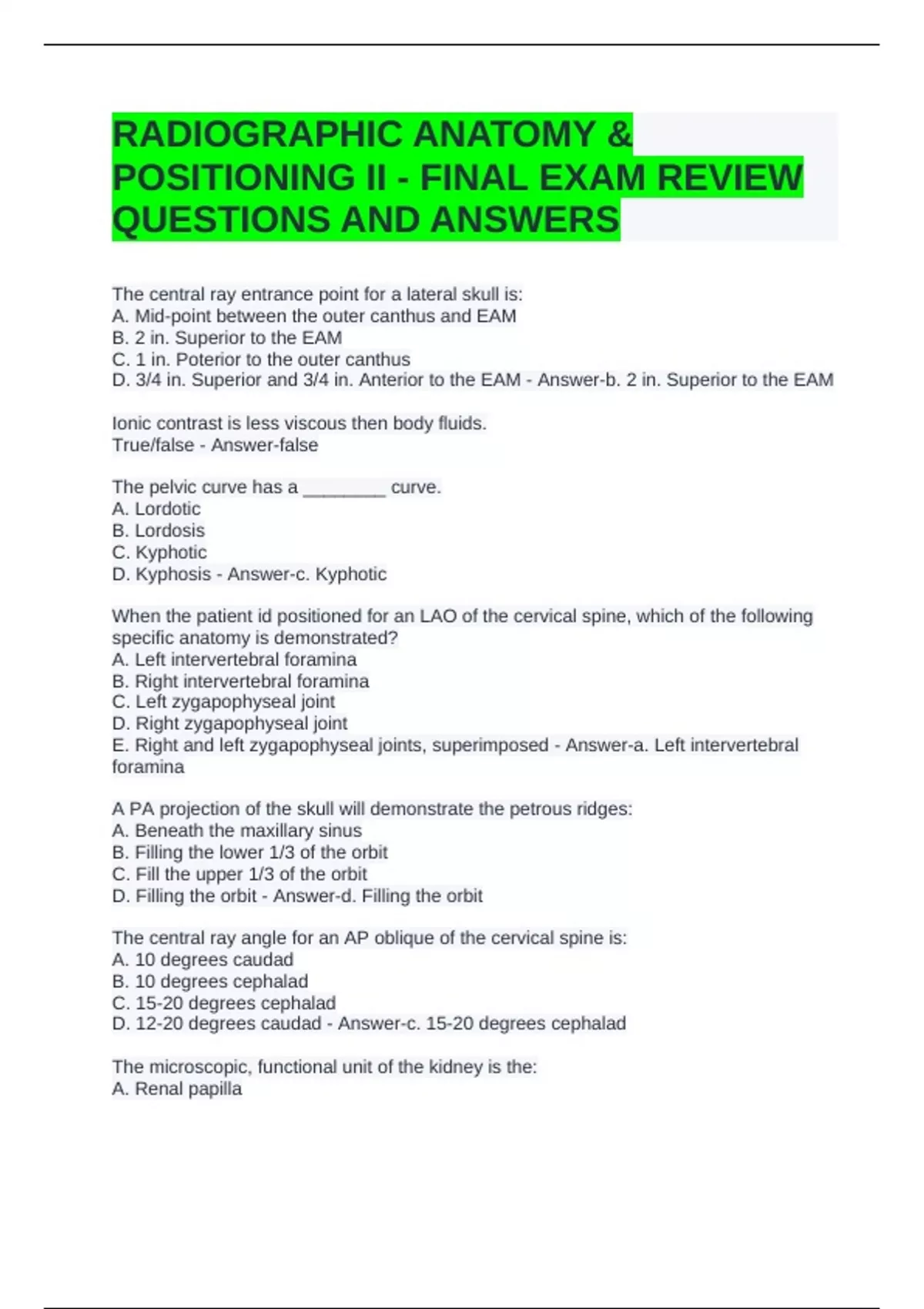 RADIOGRAPHIC ANATOMY & POSITIONING II - FINAL EXAM REVIEW QUESTIONS AND ...