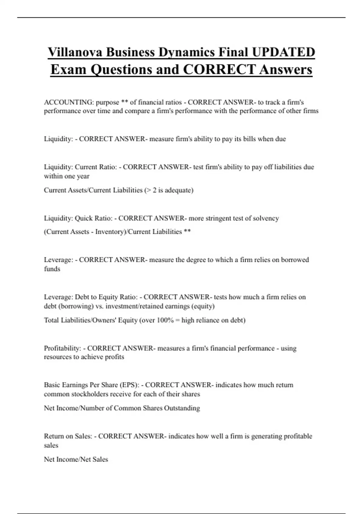 Villanova Business Dynamics Final UPDATED Exam Questions and CORRECT ...