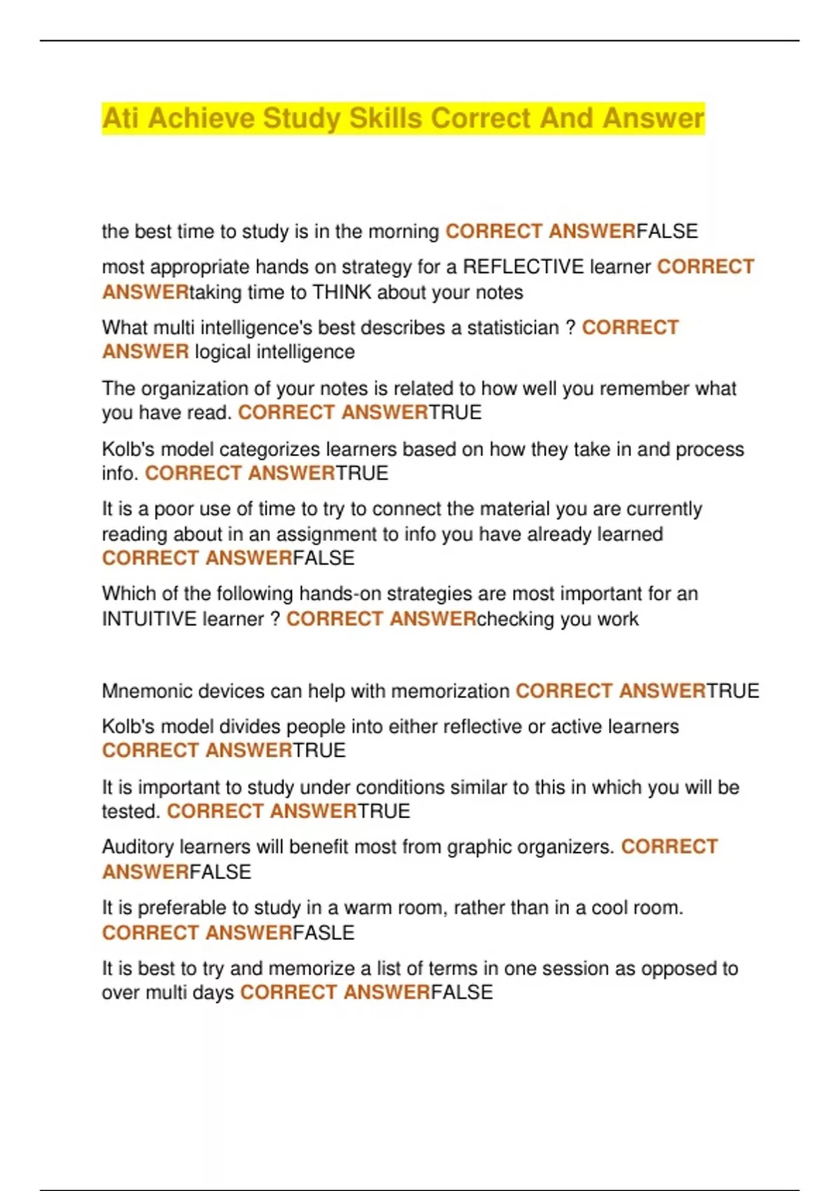 Ati Achieve Study Skills Correct And Answer - Ati Achieve Study Skills ...