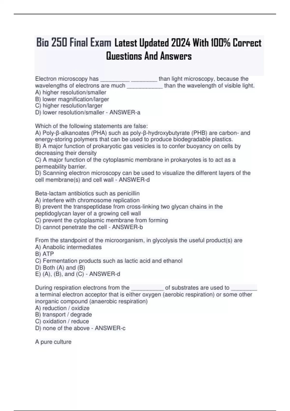 Bio 250 Final Exam Latest Updated 2024 With 100% Correct Questions And ...