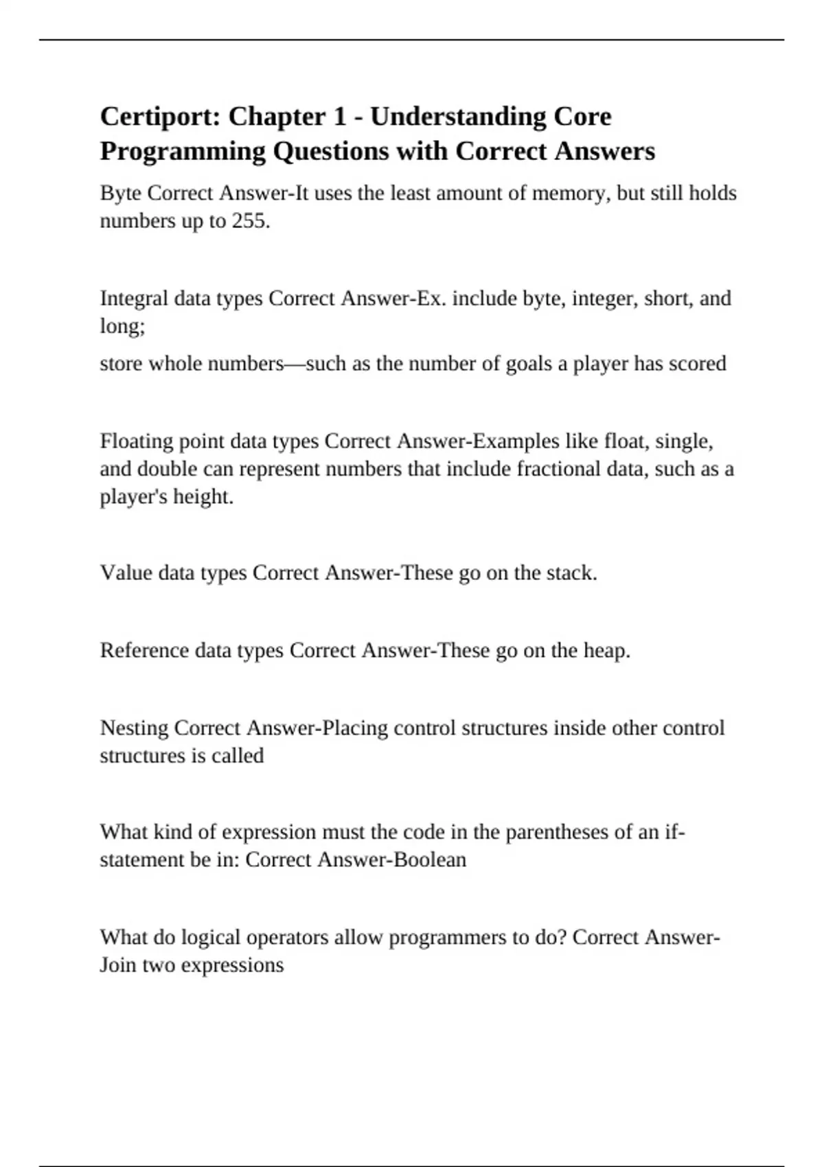 Certiport: Chapter 1 - Understanding Core Programming Questions with Correct Answers - Cetriport ...