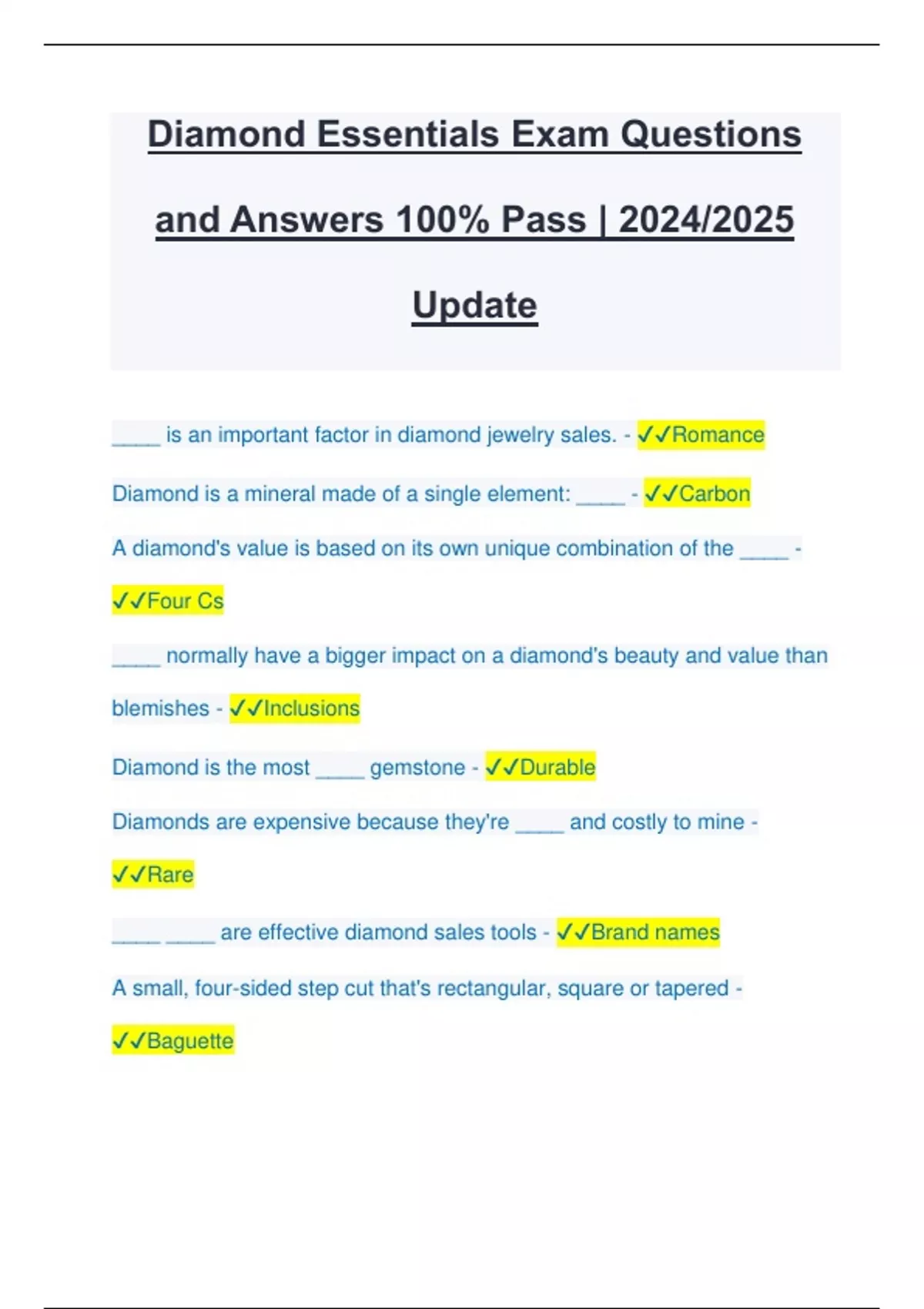 Diamond Essentials Exam Questions and Answers 100% Pass | 2024/2025 ...