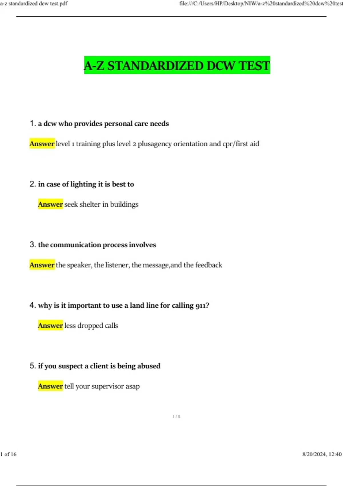 A-Z STANDARDIZED DCW TEST (2024 / 2025) Actual Questions with Verified ...