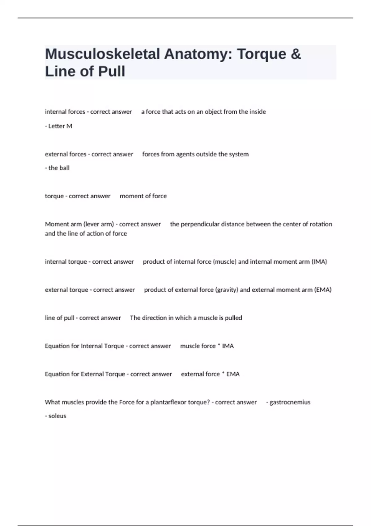 Musculoskeletal Anatomy: Torque & Line of Pull Assessment Questions And ...
