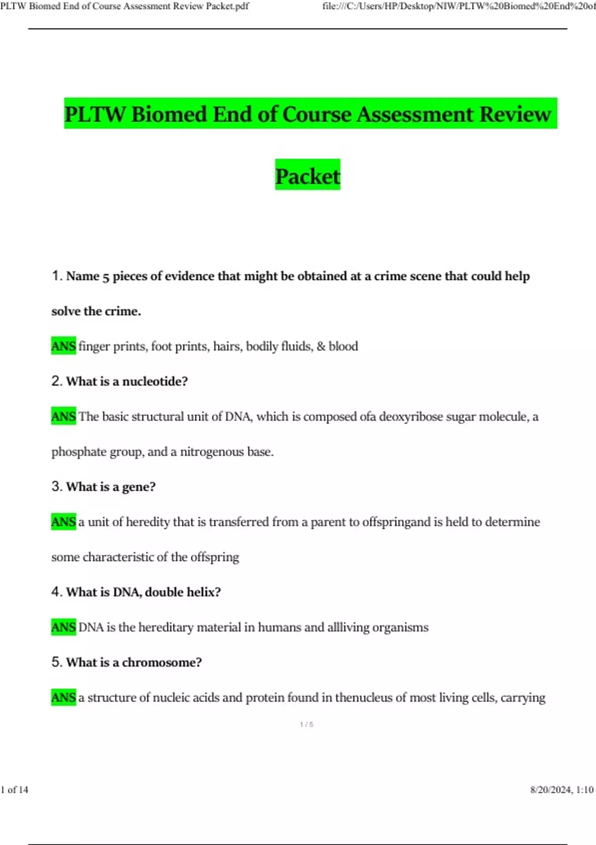 PLTW Biomed End of Course Assessment Review Packet 2024 With 100% ...