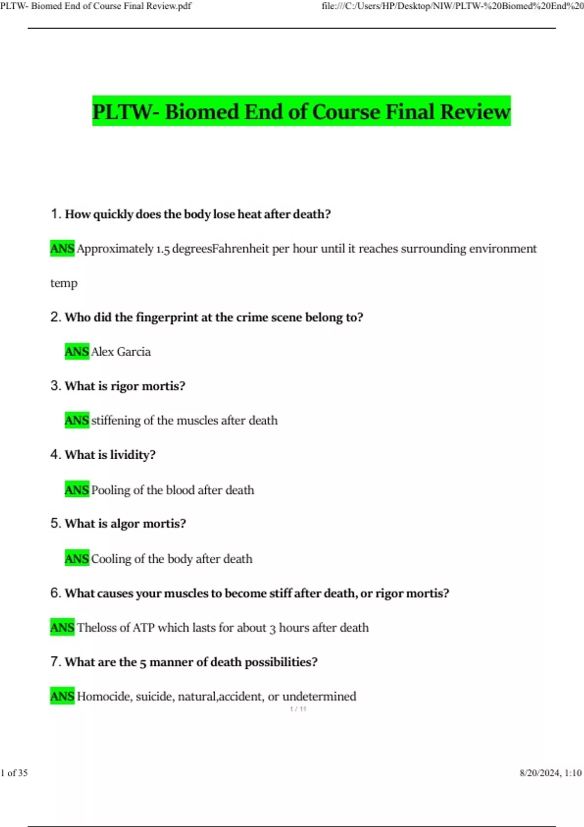 PLTW- Biomed End of Course Final Review 2024 With 100% Correct Answers - PLTW - Stuvia UK