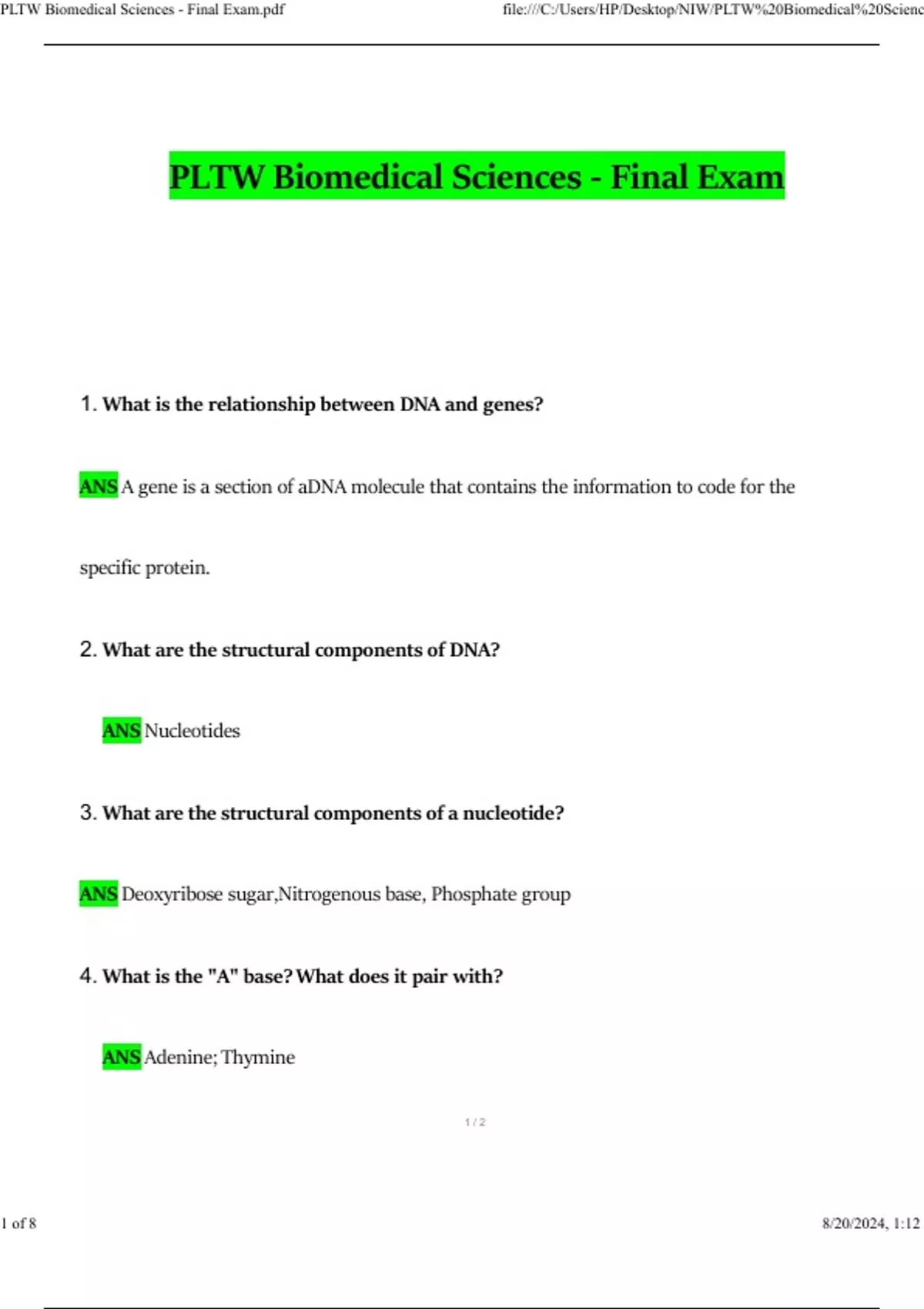 PLTW Biomedical Sciences - Final Exam (2024 / 2025) Actual Questions ...