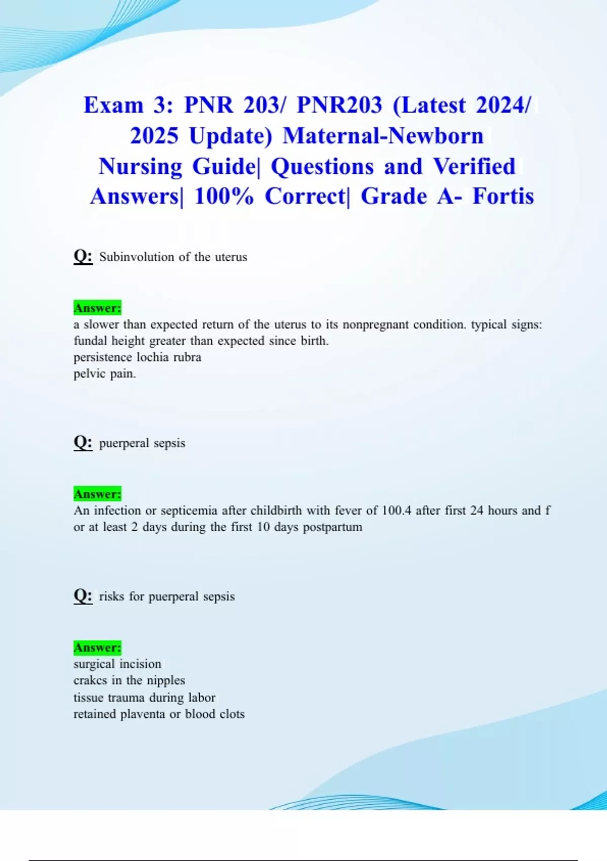 Exam 3: PNR 203/ PNR203 (Latest 2024/ 2025 Update) Maternal-Newborn ...