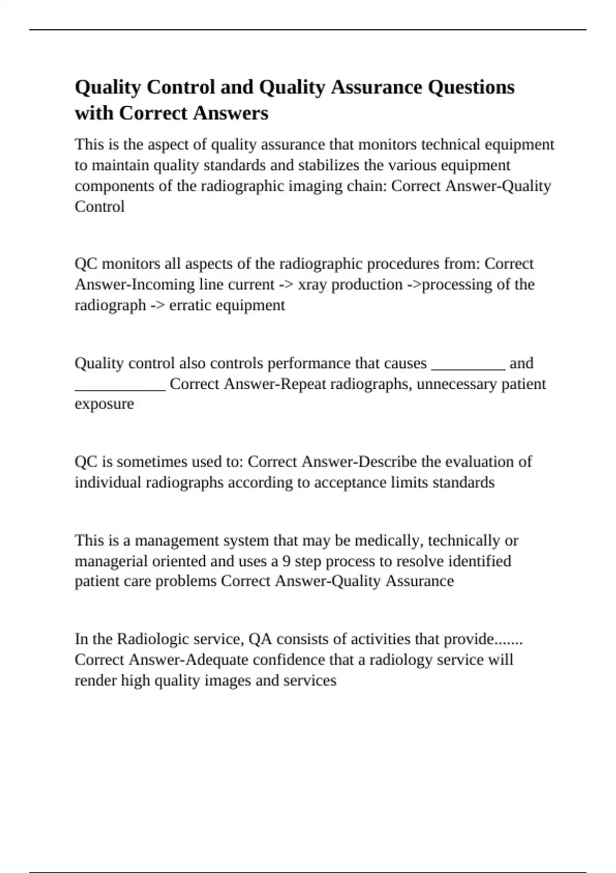 Quality Control and Quality Assurance Questions with Correct Answers - Quality assurance - Stuvia US
