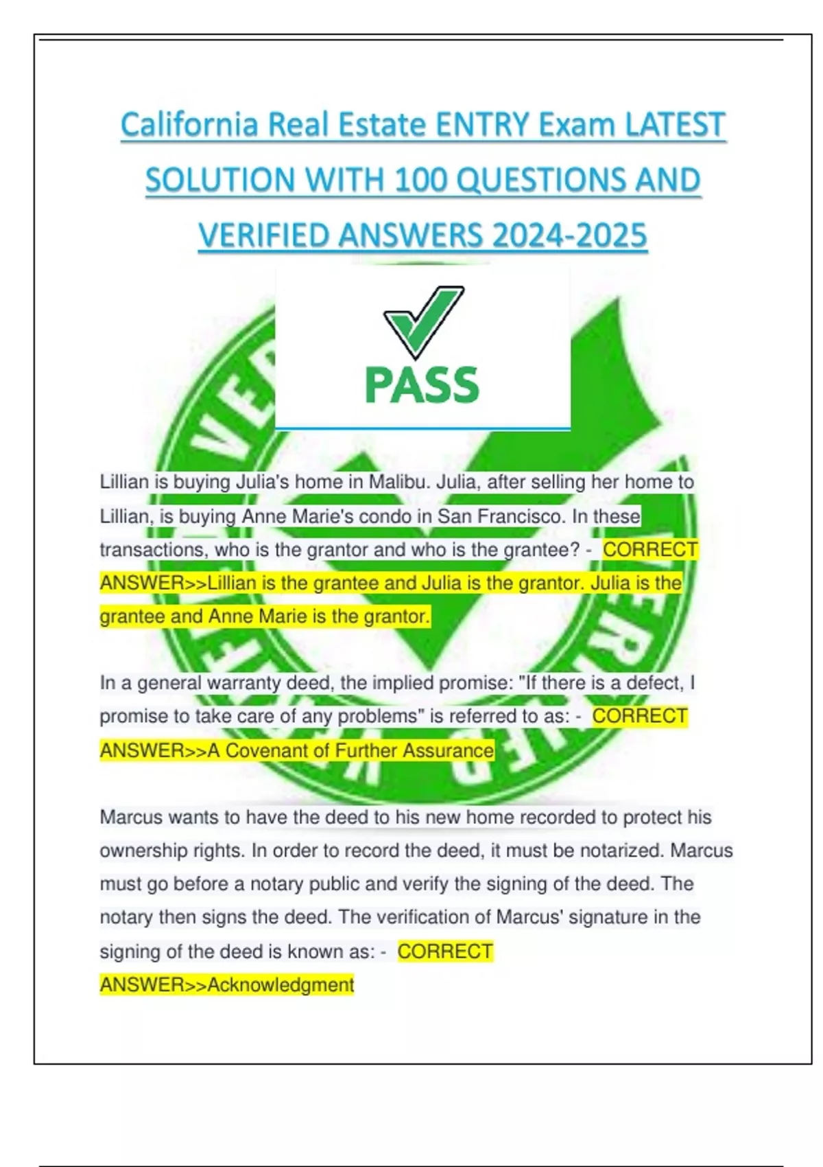 California Real Estate ENTRY Exam LATEST SOLUTION WITH 100 QUESTIONS ...