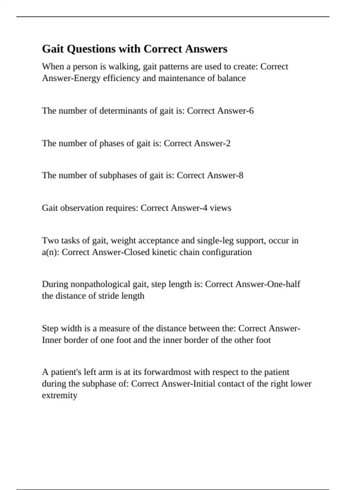 Gait Questions with Correct Answer1 - Gait - Stuvia US