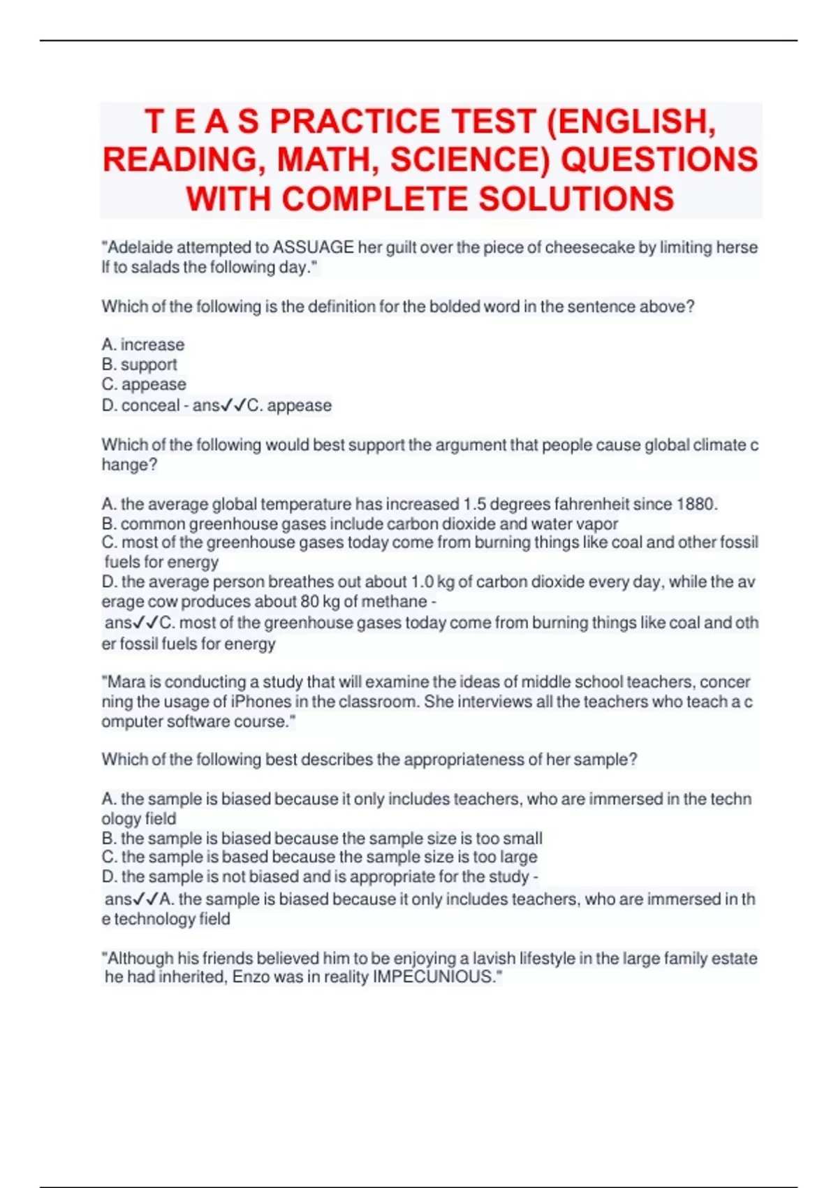 T E A S PRACTICE TEST (ENGLISH, READING, MATH, SCIENCE) QUESTIONS WITH ...